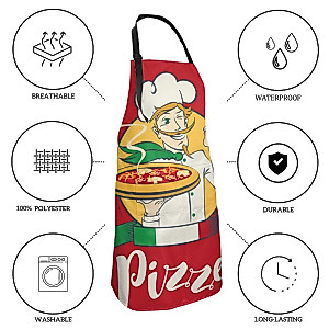 Abucaky Cartoon Pizza Chef Funny Waterproof Apron for Adults Chef Bib With Roomy Pocket for Kitchen BBQ Crafting Drawing