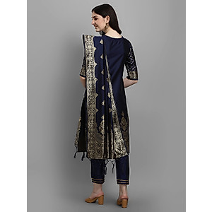 VredeVogel Women's Cotton Silk Jacquard Kurta Pant With Banarasi Silk Dupatta Large Navy Blue