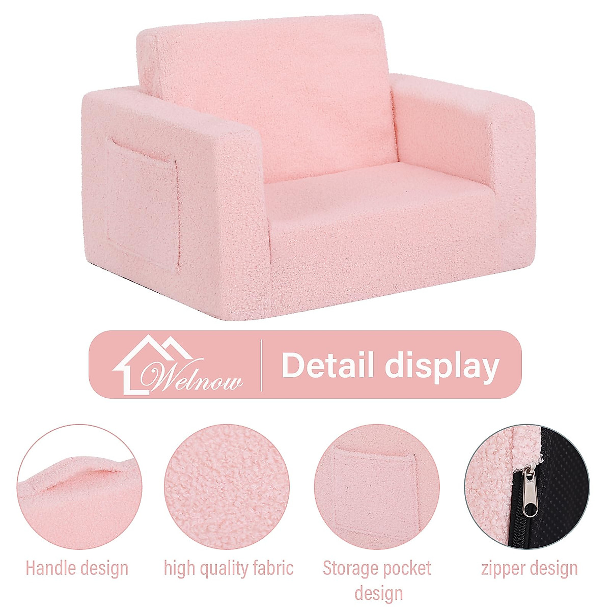 Welnow 2-in-1 Kids Sofa Chair, Convertible Toddler Chair Flip Out Children Sofa Chair Folding Kids Play Sofa with Side Pockets & Removable Cover Armrest Chair for Girl or Boy