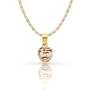 Ioka 14K Tri Color Gold Sweet 15 Years Quinceanera Heart Charm Pendant with 1.5mm Valentino Chain Necklace - 20"