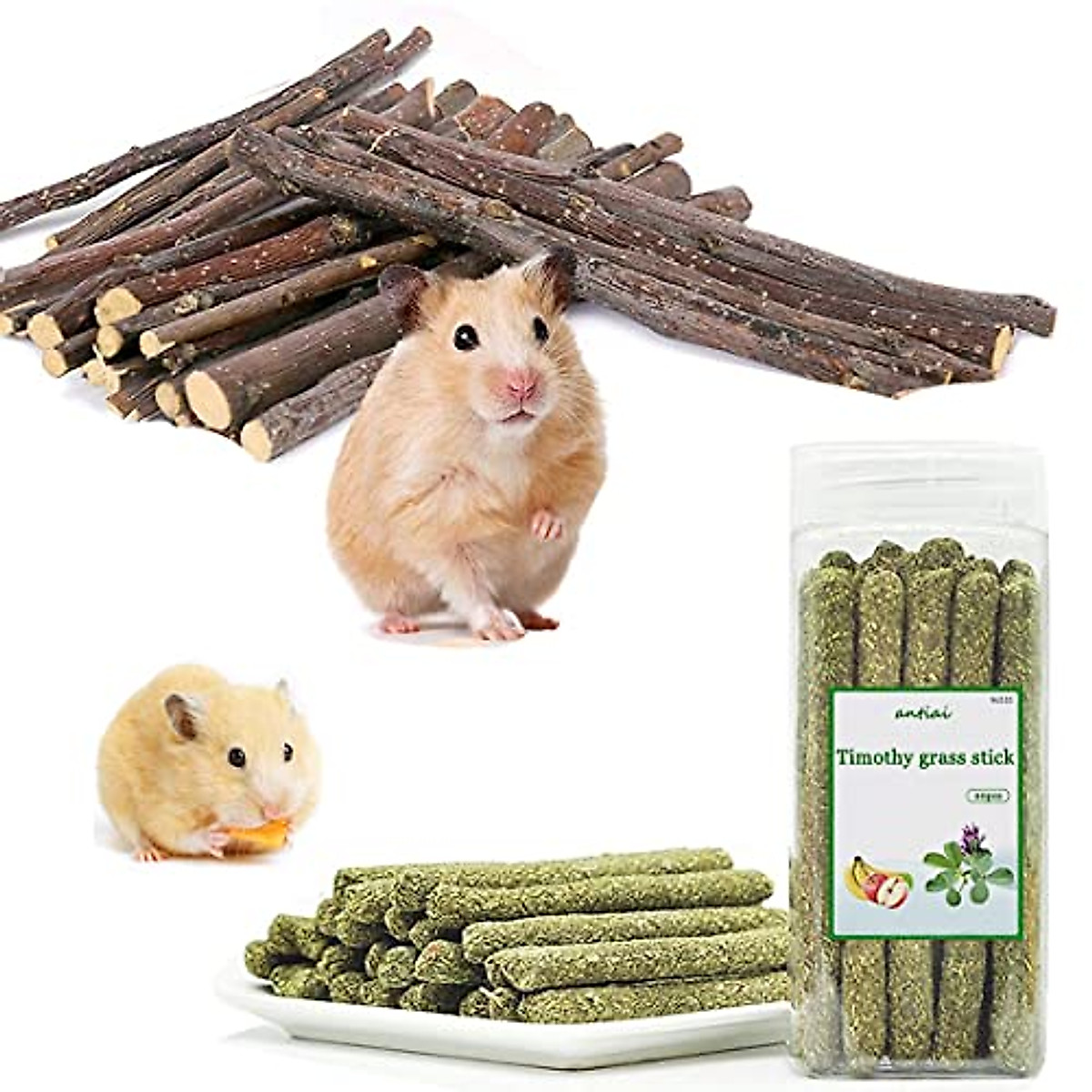 antiai Guinea Pig Toys Apple Sticks Timothy Hay Sticks 2 Combination, Rabbit Toy Bunny Treats Natural Hamster Chinchilla Rat Gerbil Chew Toys for Teeth Care