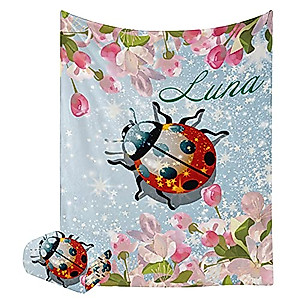 Personalized Ladybug on Pretty Flower Baby Blanket with Name Text Custom Newborns Infants Swaddling Blankets for Boys &Girls Shower Birthday Gift 30 X 40 inches