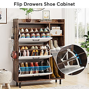LITTLE TREE Shoe Cabinet, Freestanding Shoes Storage Cabinets with 3 Flip Drawers and Open Shelves for Entryway