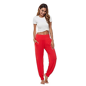 AvaCostume Women's Loose Yoga Harem Workout pants with Pockets Red S