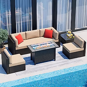 Vongrasig 7 Piece Patio Furniture Sets with 45 Inch Fire Pit Table All Weather PE Wicker Rattan Outdoor Sectional Sofa Couch Conversation Set w/Glass Table for Lawn, Garden, Backyard (Beige)