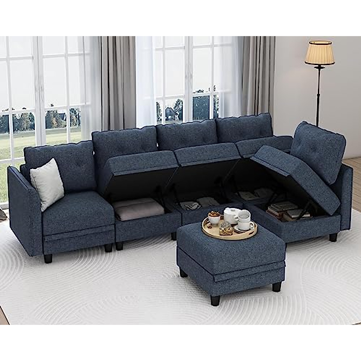 LLappuil Modular Sofa Sectioanl Couch with Storage, Convertible 6 Seater L Shaped Modular Chaise Sofa with Ottoman, Denim Blue