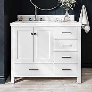 ARIEL Cambridge 42 Inch Bathroom Vanity with Sink, White Bathroom Vanity, Solid Wood Vanity Base Cabinet, Carrara White Quartz 1.5" Edge, Rectangular Single Sink, 2 Soft Closing Doors, 5 Drawers