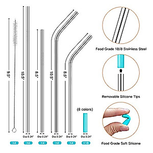 StrawExpert Set of 16 Reusable Stainless Steel Straws with Travel Case Cleaning Brush Silicone Tips Eco Friendly Extra Long Metal Straws Drinking for 20 24 30 oz Tumbler