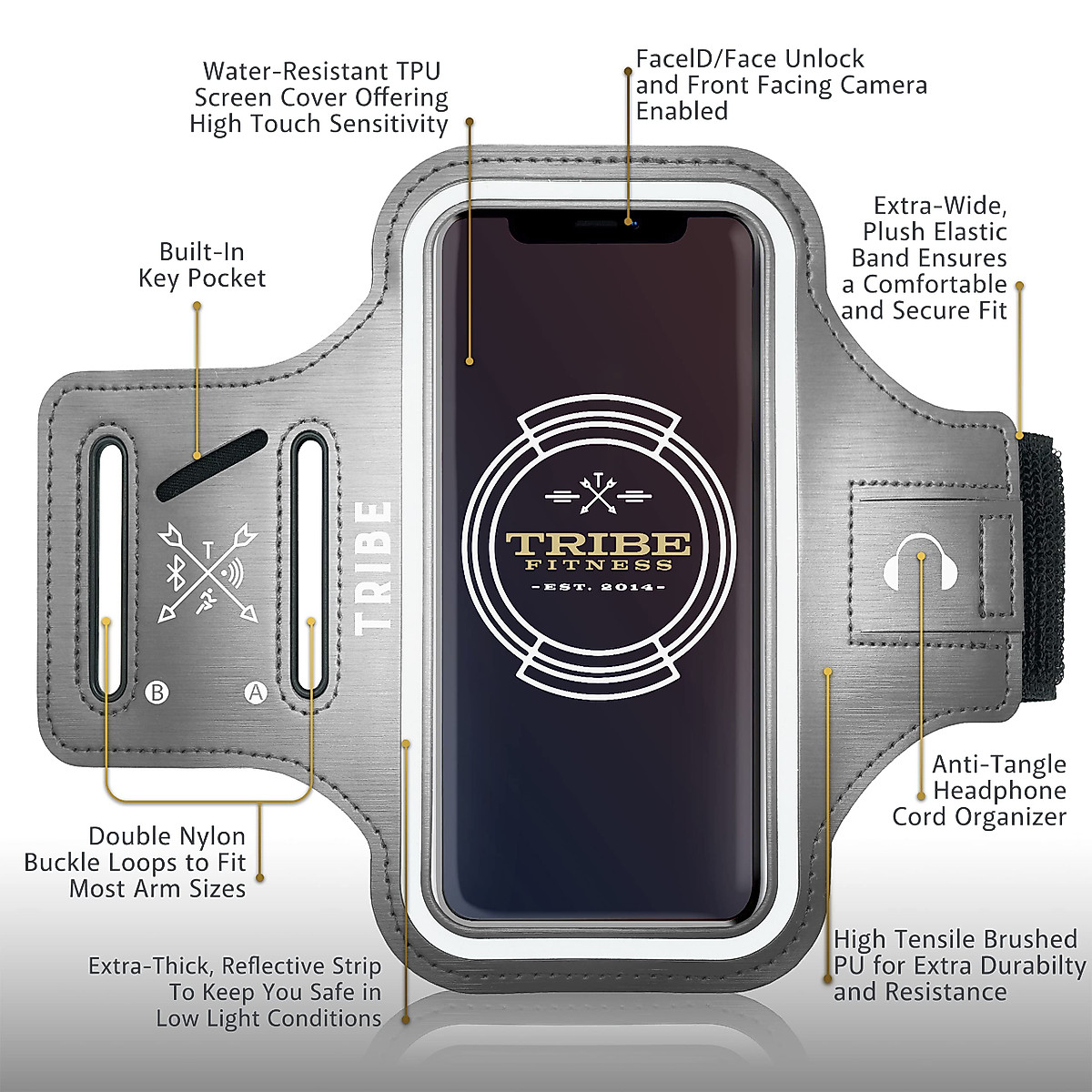 TRIBE Water Resistant Cell Phone Armband Case Running Holder for iPhone Pro Max Plus Mini SE (13/12/11/X/XS/XR/8/7/6/5) Galaxy S Ultra Plus Edge Note (21/20/10/9/8/7/6/5) Adjustable Strap & Key Pocket