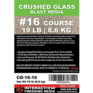10-20 Grit (#16) Crushed Glass Abrasive - 19 lb or 8.6 kg - Blasting Abrasive Media (Extra Course) #16 Mesh - 1854 to 940 Microns - for Blast Cabinets Or Sand Blasting Guns
