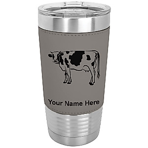 LaserGram 20oz Vacuum Insulated Tumbler Mug, Cow, Personalized Engraving Included (Faux Leather, Gray)