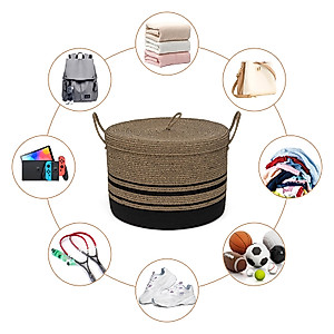 ORGMASTER Laundry Basket with Lid, Woven Cotton Rope Laundry Hamper Foldable Storage Organizer Bin Blanket Basket for Comforter, Cushions, Clothes, Pillows, 20.5x20.5x15 Inch, Deep Brown/Black