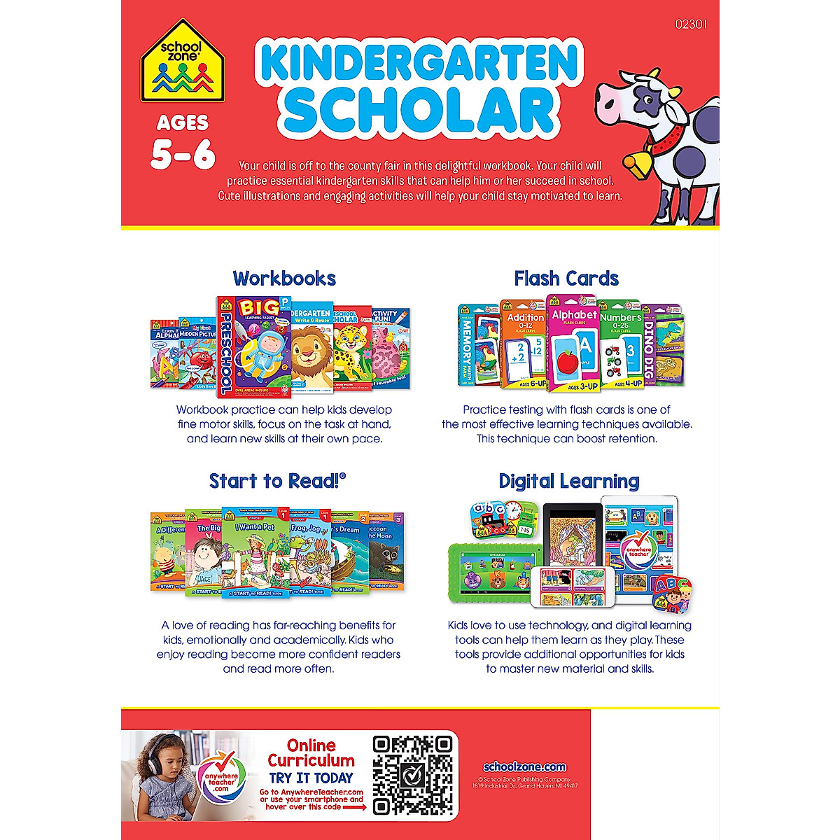 School Zone - Kindergarten Scholar Workbook - 64 Pages, Ages 5 to 6, Alphabet, Phonics, Shapes, Patterns, Counting, Addition & Subtraction, and More