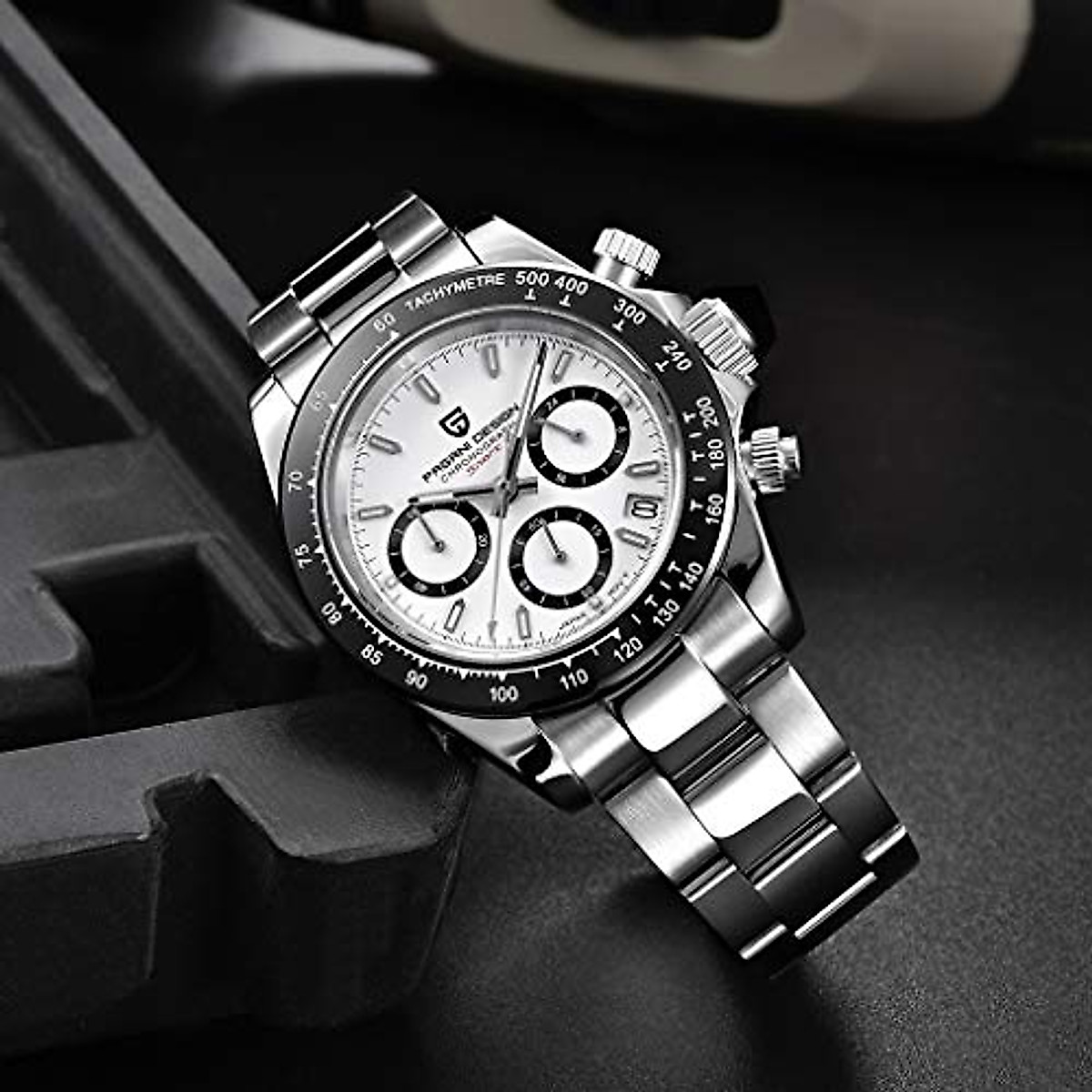 Pagani Design Daytona Homage Men's Quartz Watches Japan Movement Ceramic Bezel Stainless Steel Band Screw-in Crown Waterproof Sport Chronograph Watch