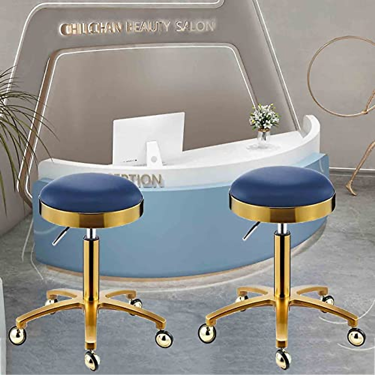 LWBLJX Rolling Bar Stool Beauty Salon Counter Makeup Medical Chair with Swivel Wheels, PU Leather Seat & Stainless Steel Frame, Adjustable 44-59 cm(Color:Blue)