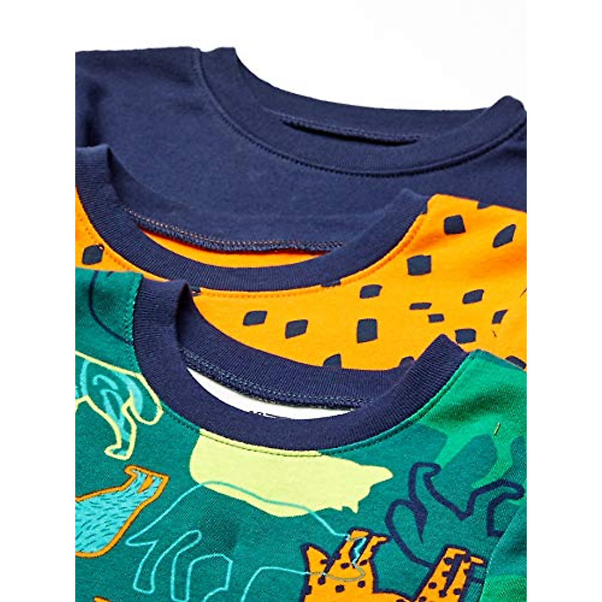 Amazon Essentials Boys' Snug-fit Cotton Pajamas Sleepwear Sets (Previously Spotted Zebra), Pack of 3, Dark Blue Text Print/Green Animal/Orange Dots, 14-16