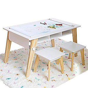 Wildkin Kids Arts and Crafts Table Set for Boys and Girls, Mid Century Modern Design Table Includes Two Stools, Paper and Storage Cubbies Underneath Helps Keep Art Supplies Organized (White)