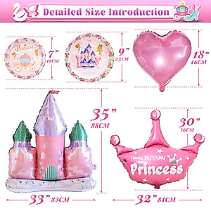 Party Spot! 208 PCS Princess Birthday Party Decorations For Girl, 12 Tableware Sets, Castle Balloons, Balloon Arch, Disposable Paper Plates, Backdrop, Balloon Pump, Princess Party Decorations