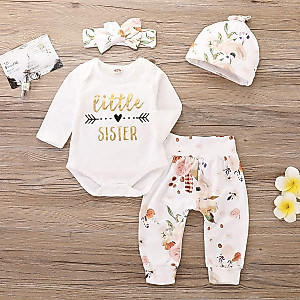 4Pcs Infant Girl Outfits Baby Sister Bodysuit Tops Floral Leggings Pants Set Bowknot Headbands Newborn Clothes (Little Sister,0-3 Months)
