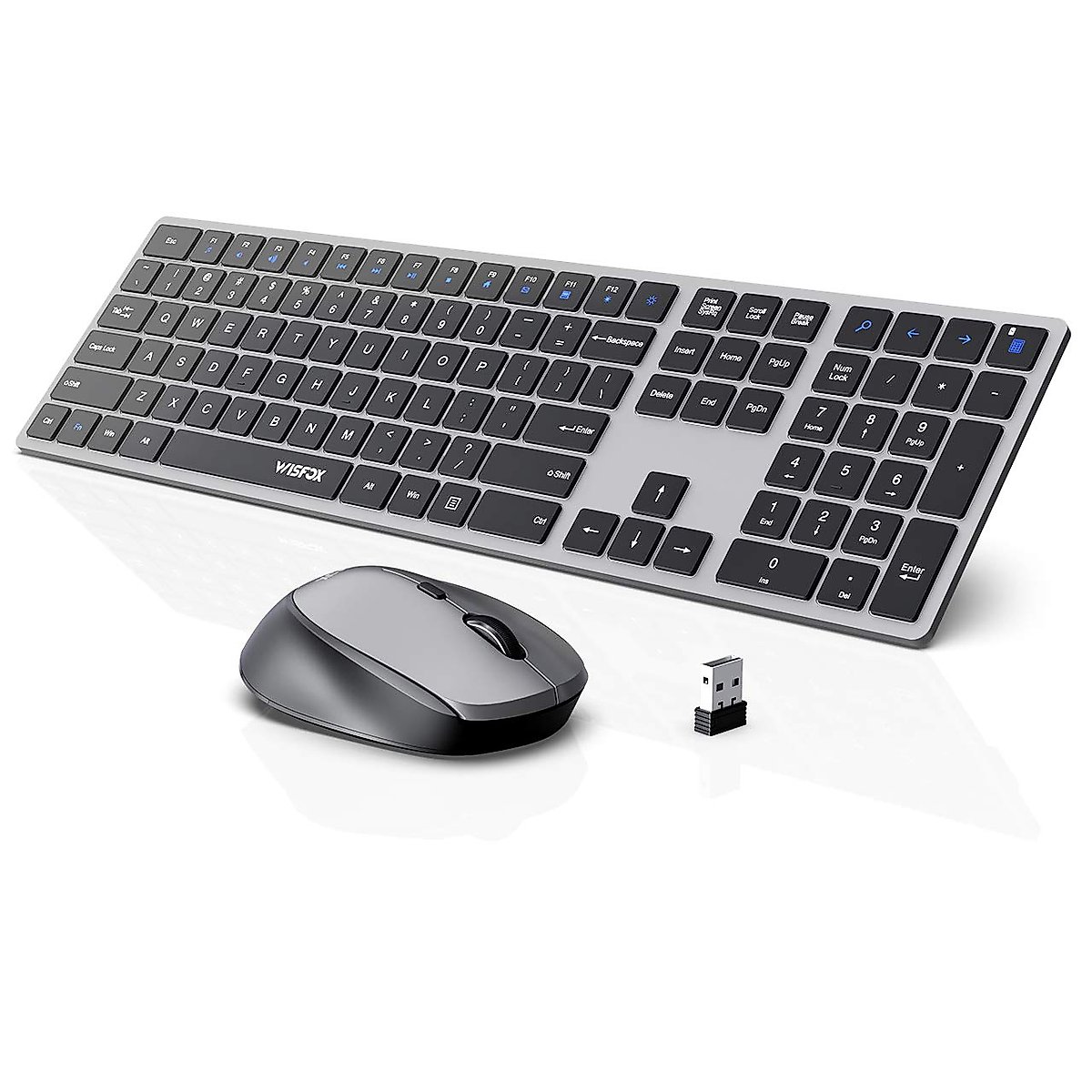Wireless Keyboard and Mouse Combo, WisFox 2.4G Full-Size Slim Thin Wireless Keyboard Mouse for Windows, Computer, Desktop, PC, Laptop Mac (Silver and Gray)