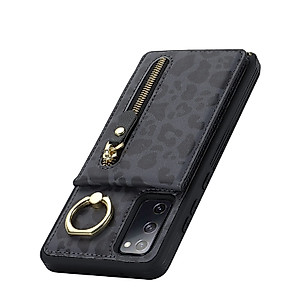 Jaorty for Samsung Galaxy S20 FE 5G Phone Case for Women with Card Holder,Galaxy S20 FE Case Wallet Crossbody Lanyard with Strap,Credit Card Slots Kickstand Case with Ring Holder,6.5",Black Leopard