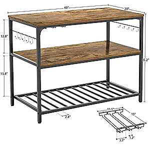 Homieasy Kitchen Island with Wine Glass Holder, Industrial Wood and Metal Coffee Bar Rack, 3 Tier Spacious Prep Table Extended Counter with Hooks Easy to Assemble, Rustic Brown
