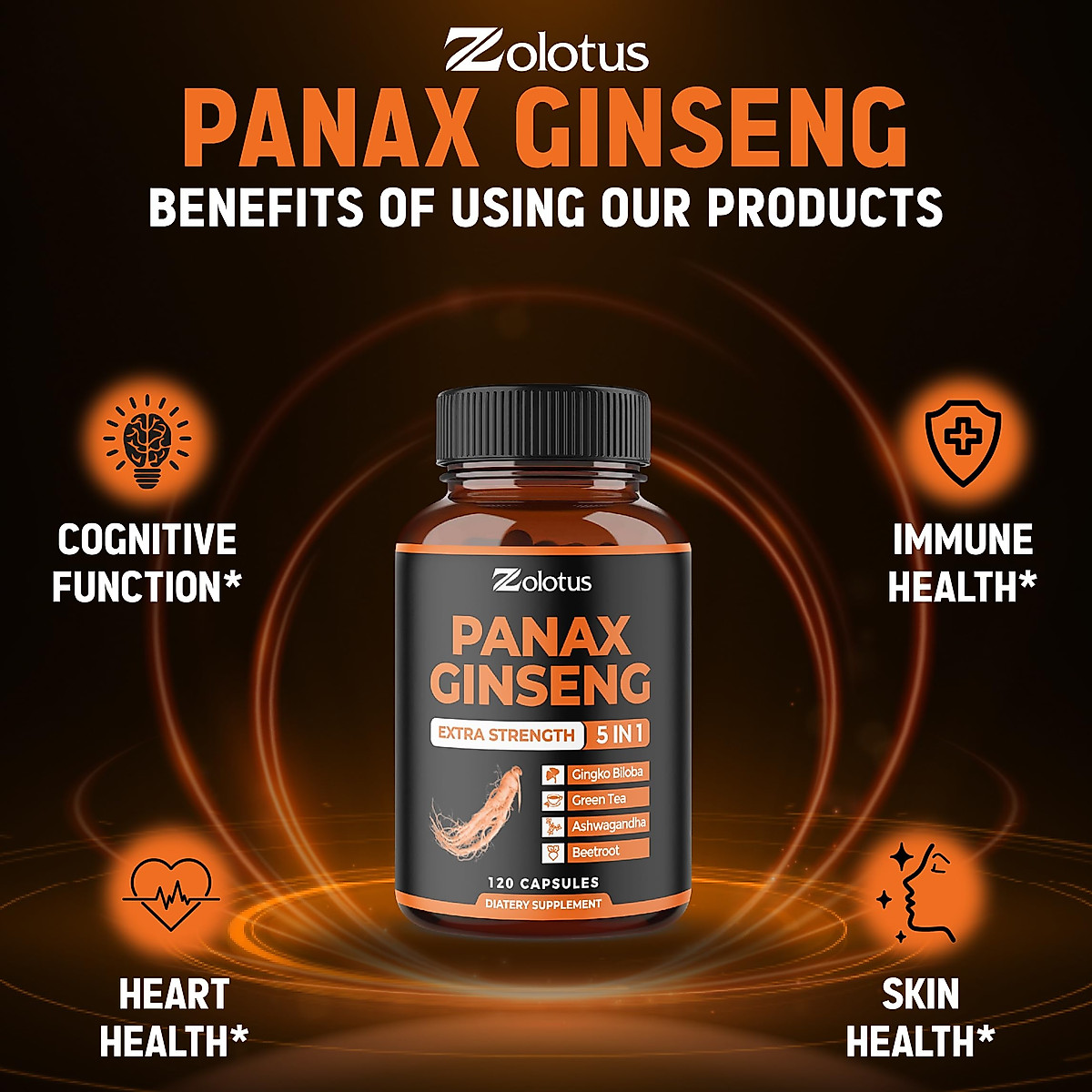 Zolotus Korean Red Panax Ginseng + Ginkgo Biloba, Ashwagandha, Beetroot, Green Tea - 120 Capsules (Pack of 2)