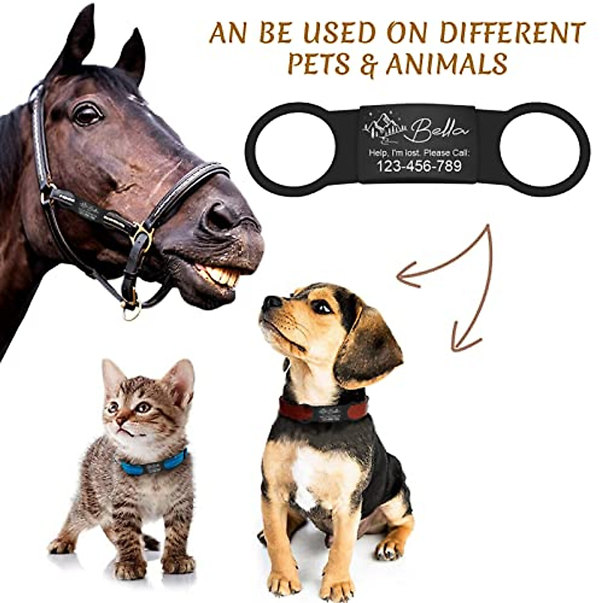 Atdesk Personalized Dog Tags, Slide On Pet ID Tag, Engraved Stainless Steel Cat Collar Tag, No Jingle Dog Name Tag Silent Pet Identification Tags(Large Black)