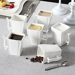 MALACASA Coffee Mugs, Porcelain Mug Set of 6, Square 11 oz White Coffee Cups with Handles for Man Woman, Modern Ceramic Mugs Set for Coffee, Latte, Cappuccino, Tea, Milk, Mocha, Cereal, Series FLORA