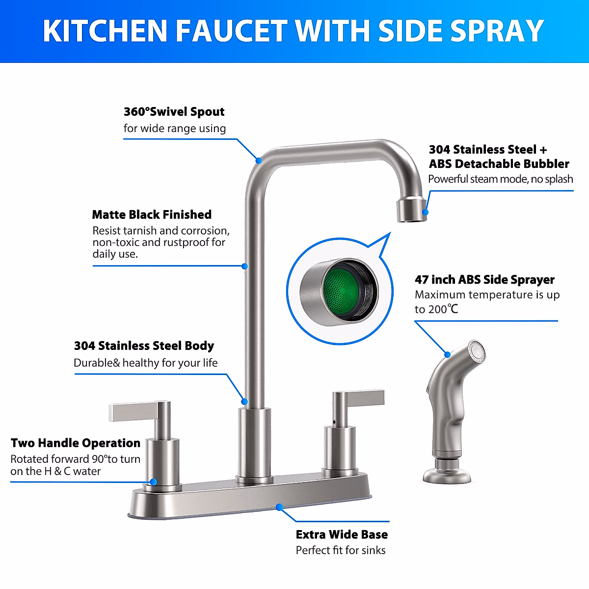 Kitchen Faucet with Sprayer,Brushed Nickel Kitchen Sink Faucet,3 Hole or 4 Hole Faucet for Kitchen Sink,Stainless Steel 2 Handle Kitchen Faucet with Side Sprayer,4 Hole Kitchen Faucets