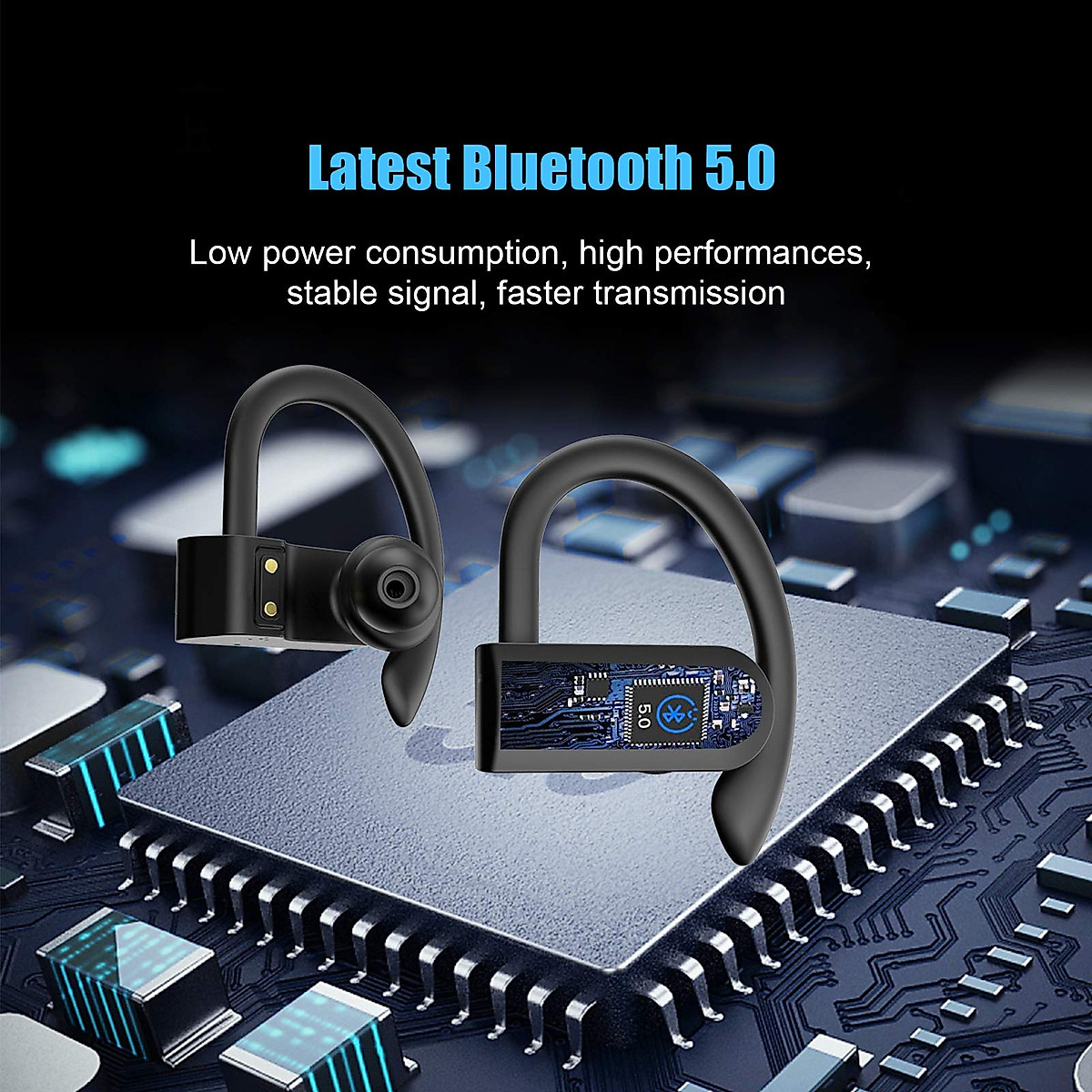 Duola Bluetooth 5.0 Earbuds with Ear Hook, Sport Wireless Headphones, Noise-Cancelling, 8 Hours Playtime, High Stereo-Sound Quality, Compatible with iOS/Android/Windows, Black