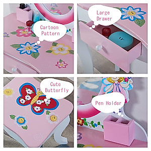 Wooden Vanity Table and Chair Set Kids Vanity Set with Mirror Children Princess Makeup Dressing Table with Stool and Storage Shelves for Girl(Pink)