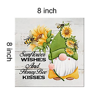 Lameila Farmhouse Sunflower Gnome Sign Wall Art Prints Canvas Painting Rustic Chic Gnome Sunflowers and Bees Print Country Home Decor Wreath Accent 8" X 8"