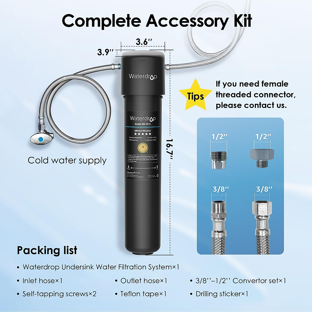 Waterdrop 15UA Under Sink Water Filter, NSF/ANSI 42 Certified, Reduces PFAS, PFOA/PFOS, Lead, Chlorine, Odor, Under Sink Water Filter System