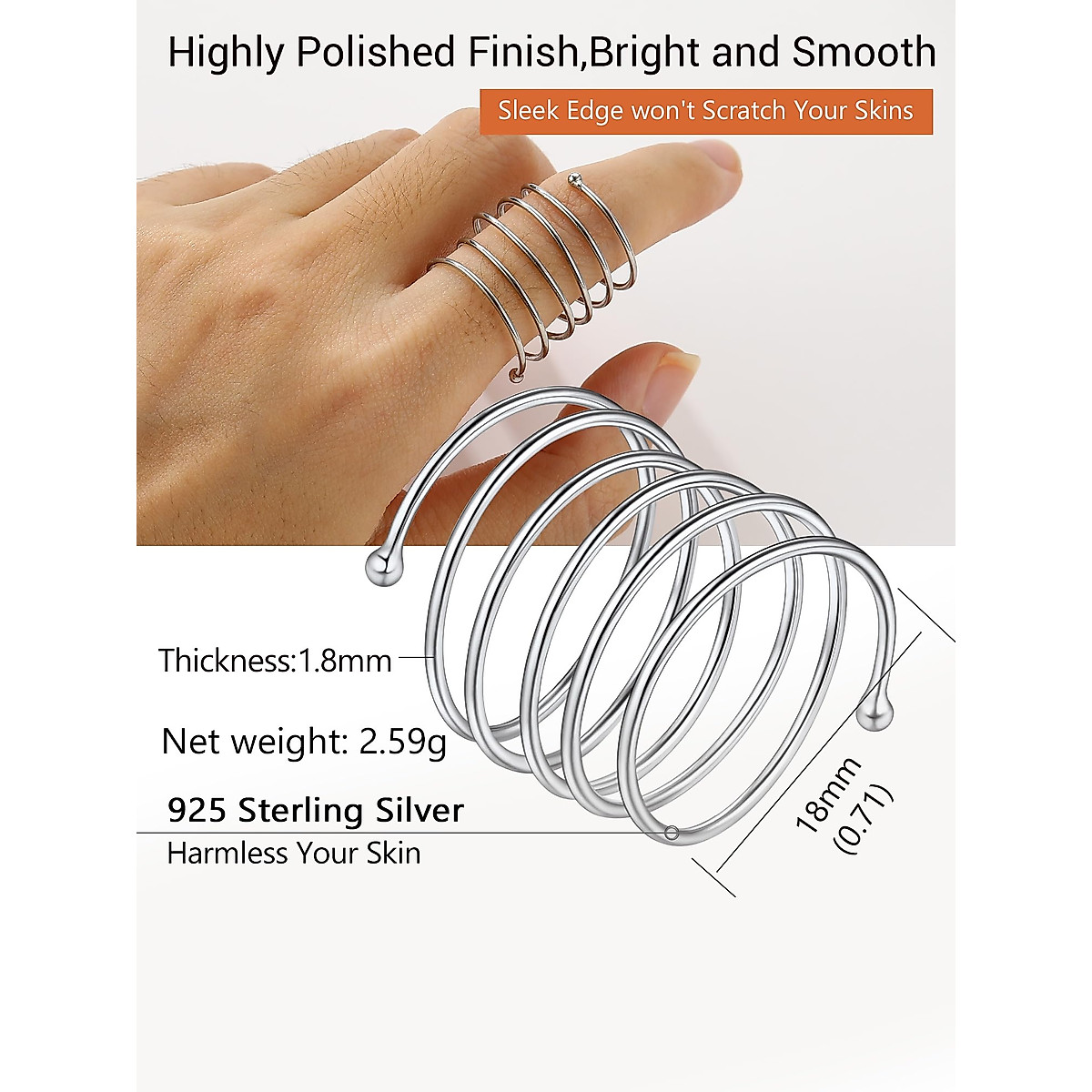 PROSILVER 925 Sterling Silver Ring Full Finger Ring Stacking Italian Silver Adjustable Opening Ring for Women