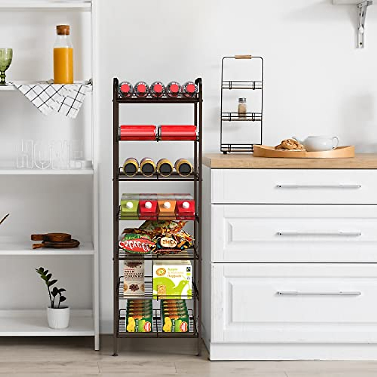 7 Tier Water Bottle Organizer Freestanding Water Bottle Storage Rack Metal Water Bottle Stand Holder for Kitchen Pantry Home Party Large Storage Rustic Brown