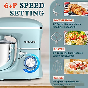 CHeflee Stand Mixer,600W 6+P With 6.5QT Stainless Steel Bowl,Dough Hook, Wire Whip & Beater,for Most Home Cooks,Blue