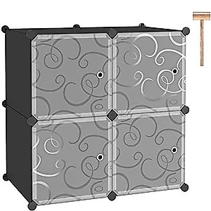 C&AHOME Cube Storage Organizer with Doors, 4-Cube Shelves, Closet Cabinet, DIY Plastic Modular Bookshelf Ideal for Bedroom, Living Room, 24.8" L x 12.4" W x 24.8" H Black SHS04B-DOOR