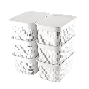 AREYZIN Set of 6 Lidded Plastic Storage Baskets + 6 Pack Clear Storage Bins with Bamboom Lids Freezer Organizer Bins Pantry Organization and Storage