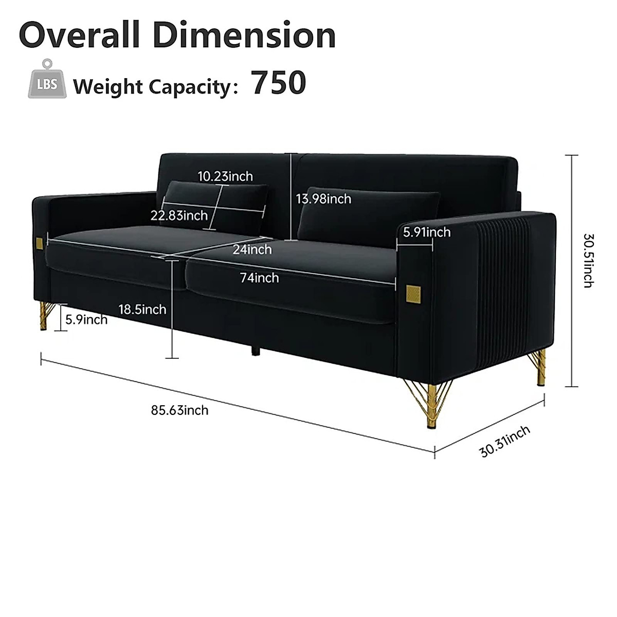 IQIAite 85" Wide Velvet Loveseat Sofa Mid Century Modern Comfy 3 Seat Couch Black Tufted Love Seat Sofas with 2 Pillows Gold Legs for Living Room Office Apartment Furniture Solid Wood Frame