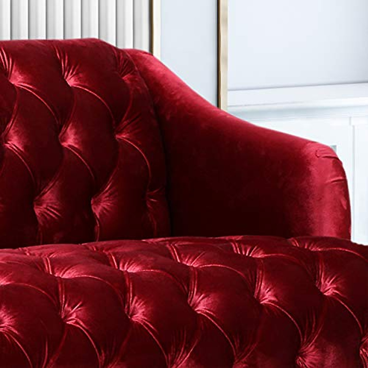 GDFStudio Esther Modern Glam Tufted Velvet 3 Seater Sofa, Wine and Walnut