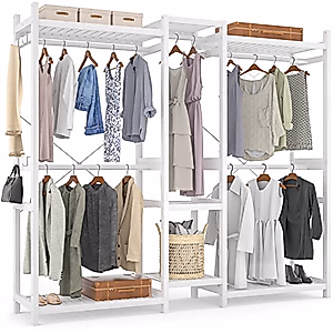Homykic Bamboo Clothes Rack, Large Closet System Clothing Rack for Hanging Clothes, Freestanding Garment Rack with Shelves and 5 Rods, Open Wardrobe Organizer with 4 Hooks, 70”Wx77”H, White