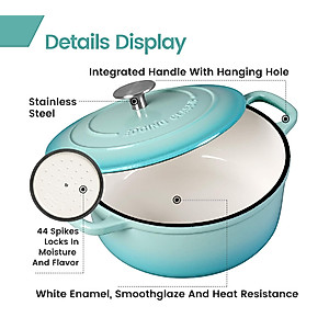 EDGING CASTING Enameled Cast Iron Covered 5.5 Quart Dutch Oven with Dual Handle for Bread Baking, Dutch Ovens with Lid, Peacock Blue