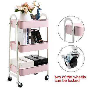 AGTEK Makeup Cart, Movable Rolling Organizer Cart, 3 Tier Metal Utility Cart, White - Pink