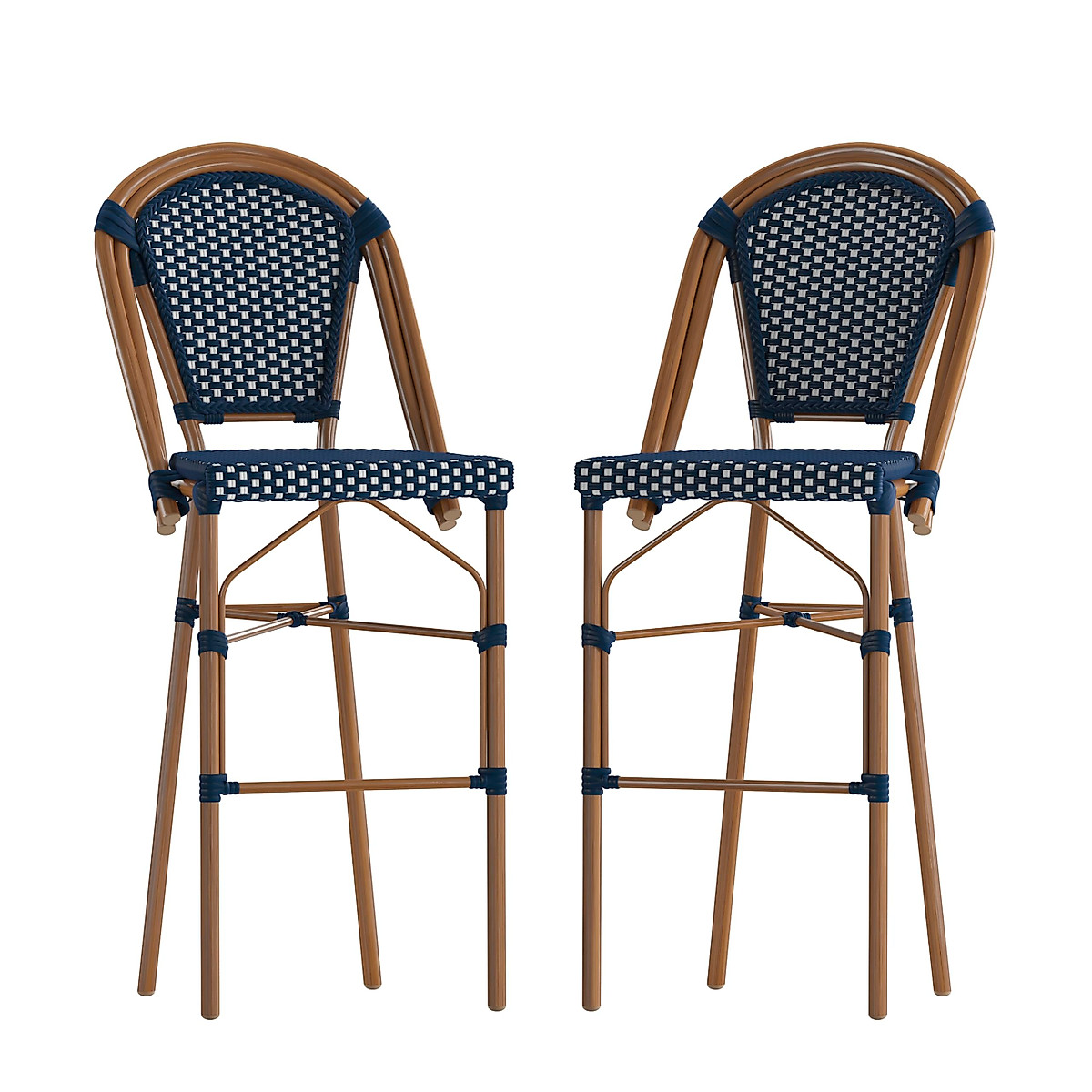 EMMA + OLIVER Soie Bistro Bar Stool - Stacking Indoor/Outdoor PE Rattan Bar Stool with Bamboo Finish Frame - 30" High - Set of Two - Navy/White
