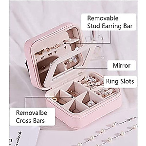AN207 Jewelry Box with Mirror Zipper PU Leather Travel Earrings Ring Storage Case Necklace Bracelet Girl Gift Small Jewelry (Color : Pink)