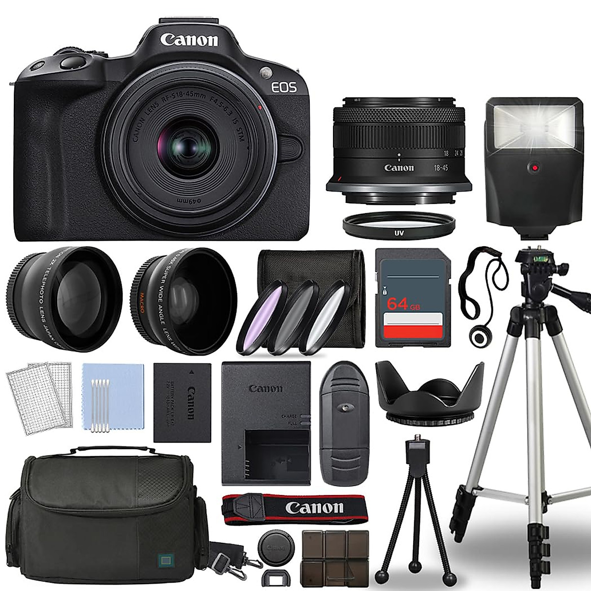 Canon EOS R50 Mirrorless Digital Camera Body Black with Canon RF-S 18-45mm f/4.5-6.3 IS STM Lens 3 Lens Kit & Complete Accessory Bundle + 64GB + Flash & More - International Model (Renewed)