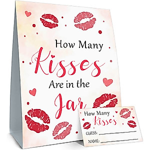 ALodr How Many Kisses are in The Jar-Baby Shower, Bridal Shower, Birthday, Christmas, Graduation Season Funny Party Game- Game Cards Kit (1 Sign & 50 Cards)