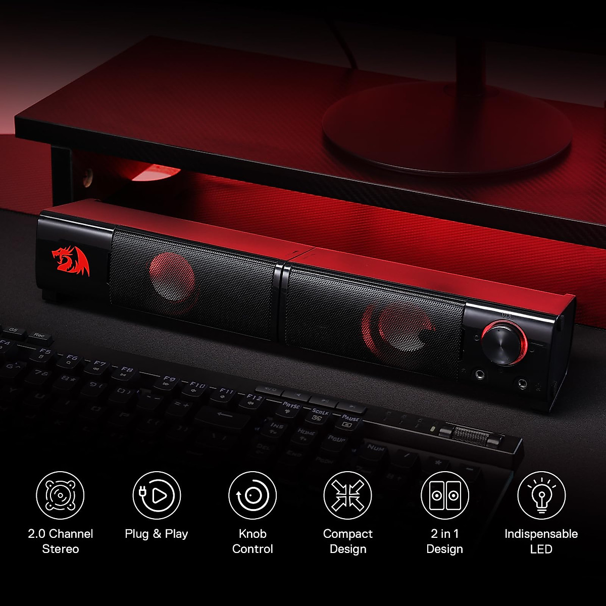 Redragon GS550 PC Gaming Speakers, 2.0 Channel Desktop Computer Sound Bar with Compact Maneuverable Size, Headphone Jack, Quality Bass & Decent Red Backlit, USB Powered w/ 3.5mm Cable