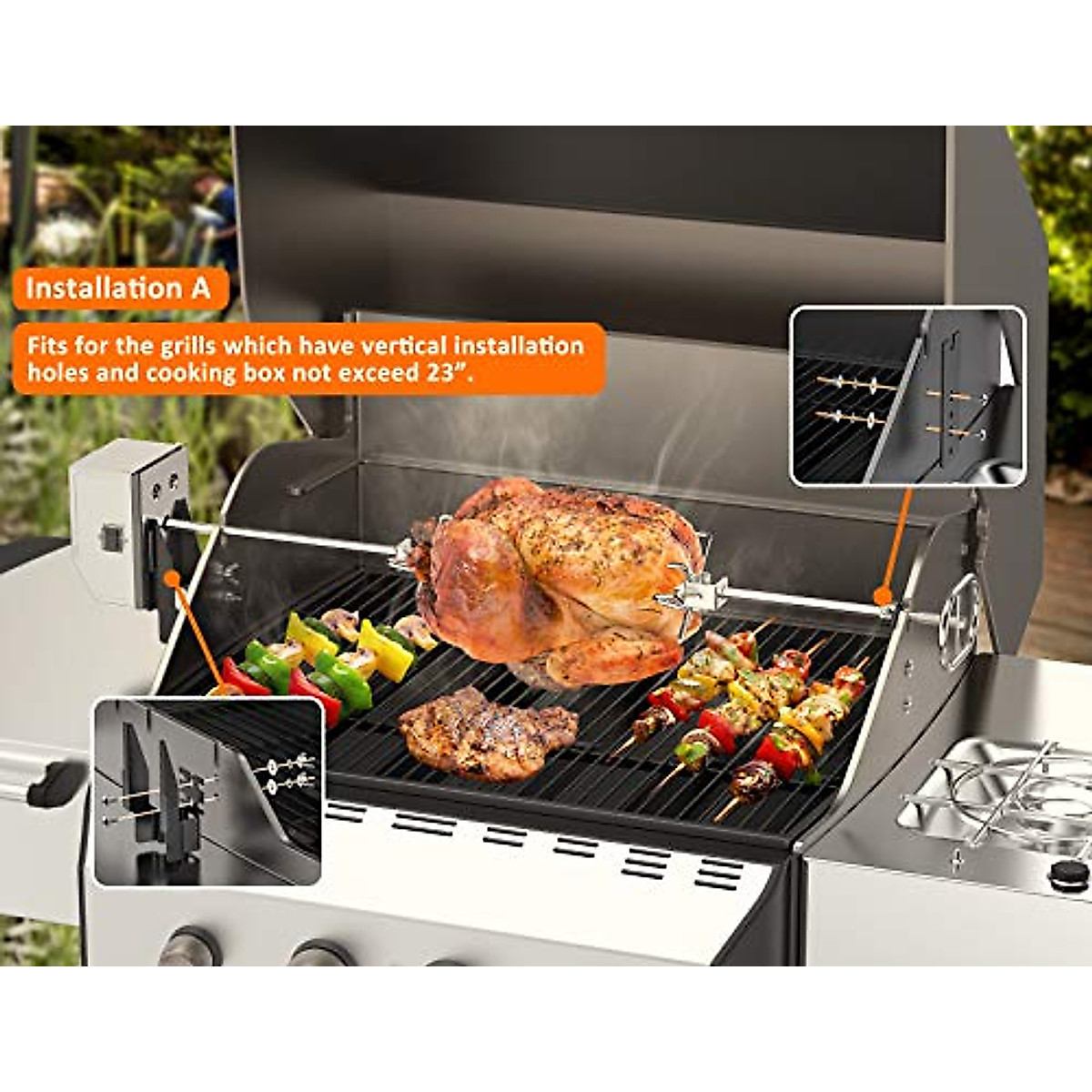 onlyfire Stainless Steel Rotisserie Kit Grilling Accessories with 6 Watt 110V Electric Motor for Gas Grills - 28 × 0.35 Inch Hexagon Spit Rod